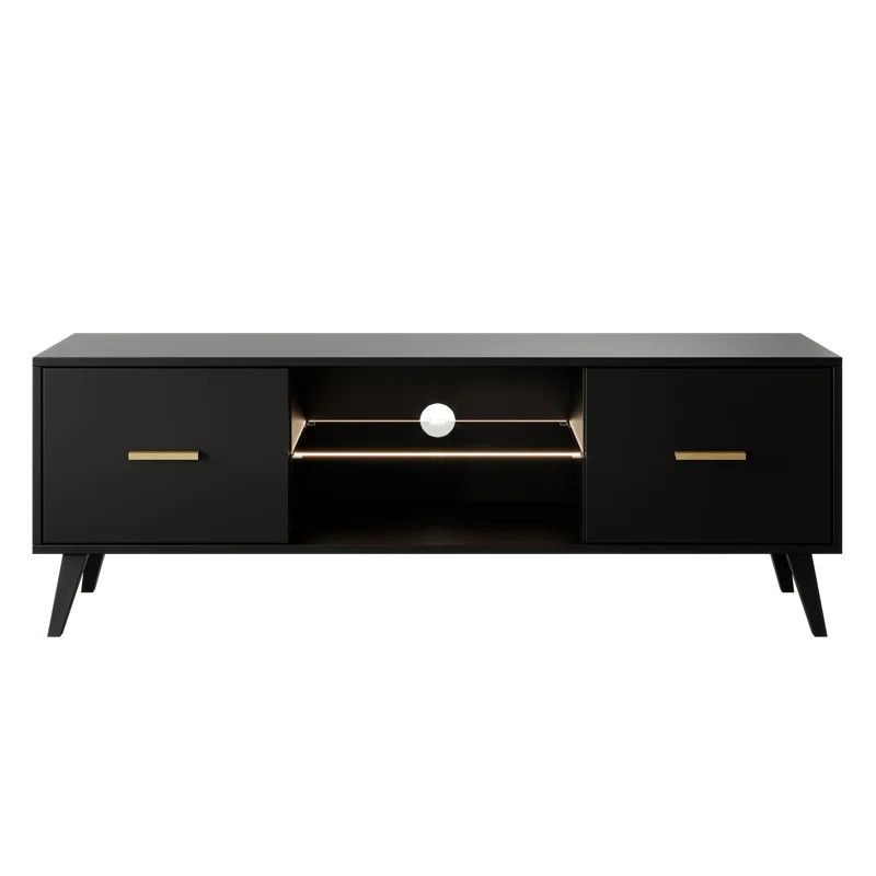 Comoda TV Kamen, LED, lemn fabricat/sticla, negru/auriu, 140 x 36 x 49 ...