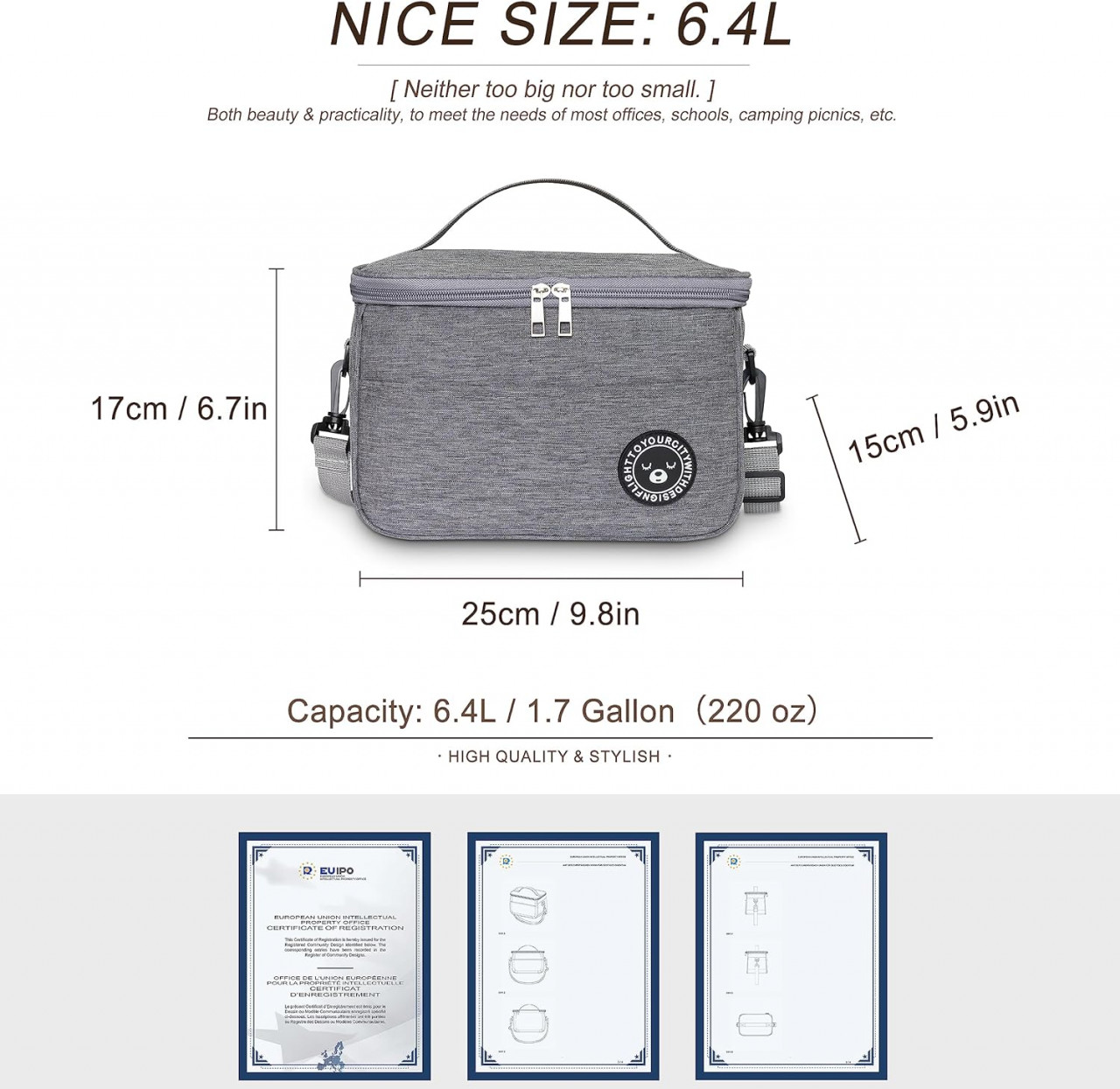 Geanta termica pentru pranz BALIGO, tesatora Oxford, gri, 6,4 L, 17 x ...