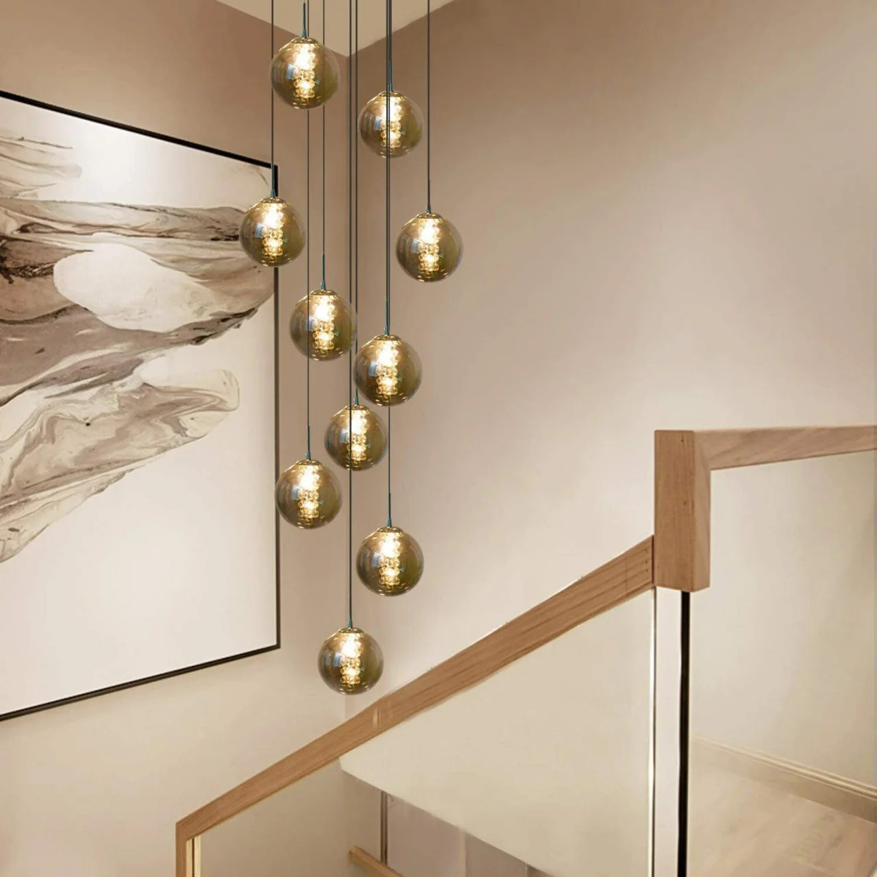 Lustra tip pendul Katalina, LED, 10 lumini, metal/sticla, gri/auriu, 15 ...