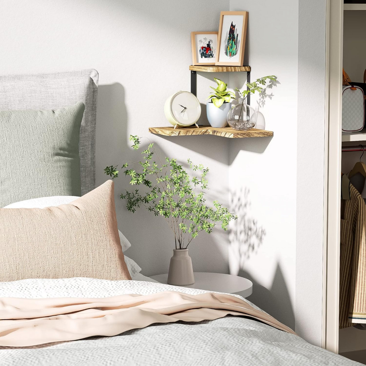 Raft de colt cu 2 nivele SRIWATANA, lemn/metal, maro/negru, 22.5 x 30 x ...