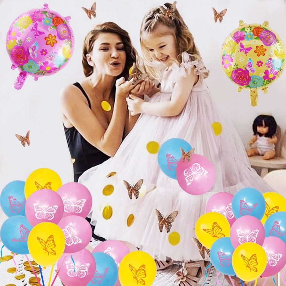 Set aniversar cu banner si baloane Ungfu Mall, fluturi, multicolor ...