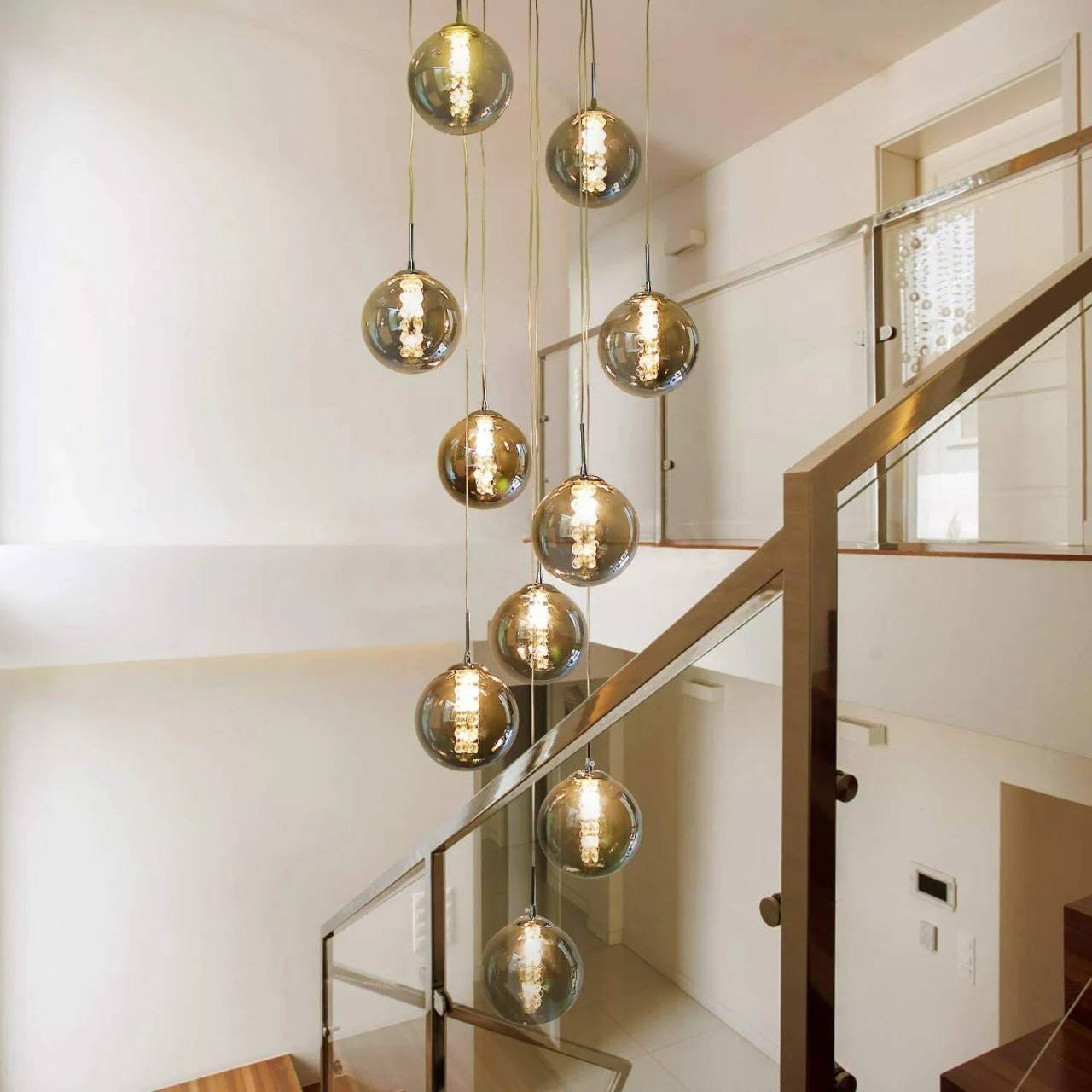 Lustra tip pendul Katalina, LED, 10 lumini, metal/sticla, gri/auriu, 15 ...