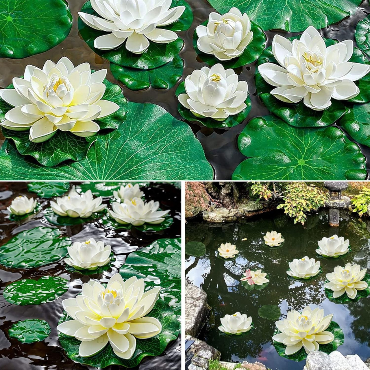 Set 6 flori de lotus artificiale Qunkun, EVA, verde/crem, 10/17 cm ...