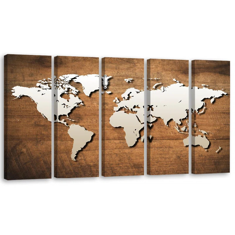 Set de 5 tablouri World Map, MDF, maro, 80 x 200 cm - Chilipirul Zilei