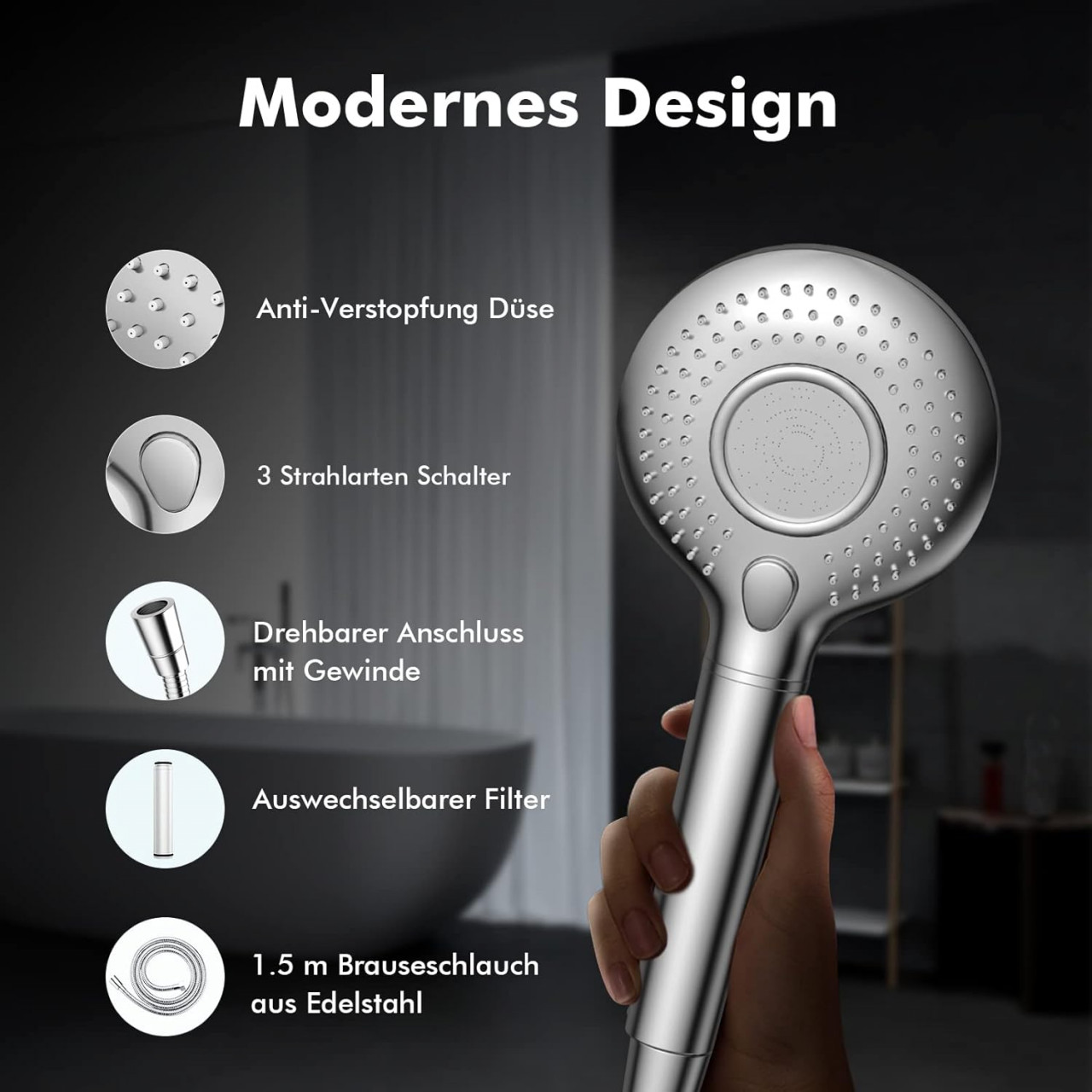 Cap de dus cu 15 straturi filtrante si furtun MEKO, ABS/otel inoxidabil ...