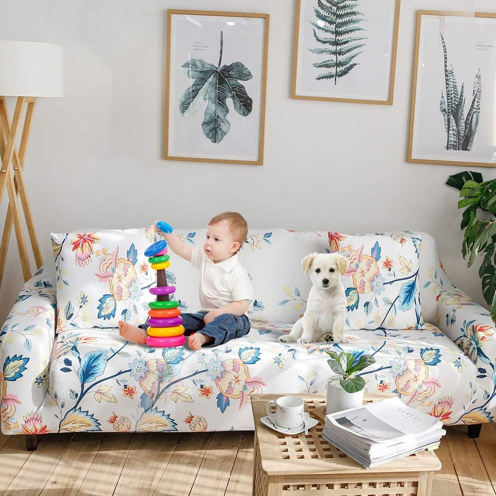 Set husa elastica pentru canapea si o husa perna Bikuer, model floral ...