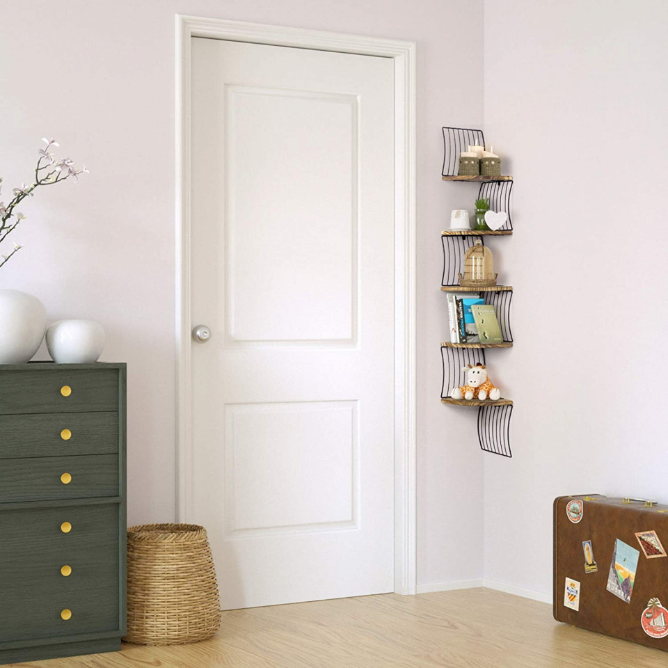 Raft de colt cu 5 nivele Love-KANKEI, lemn/metal, natur/negru, 20 x 20 ...