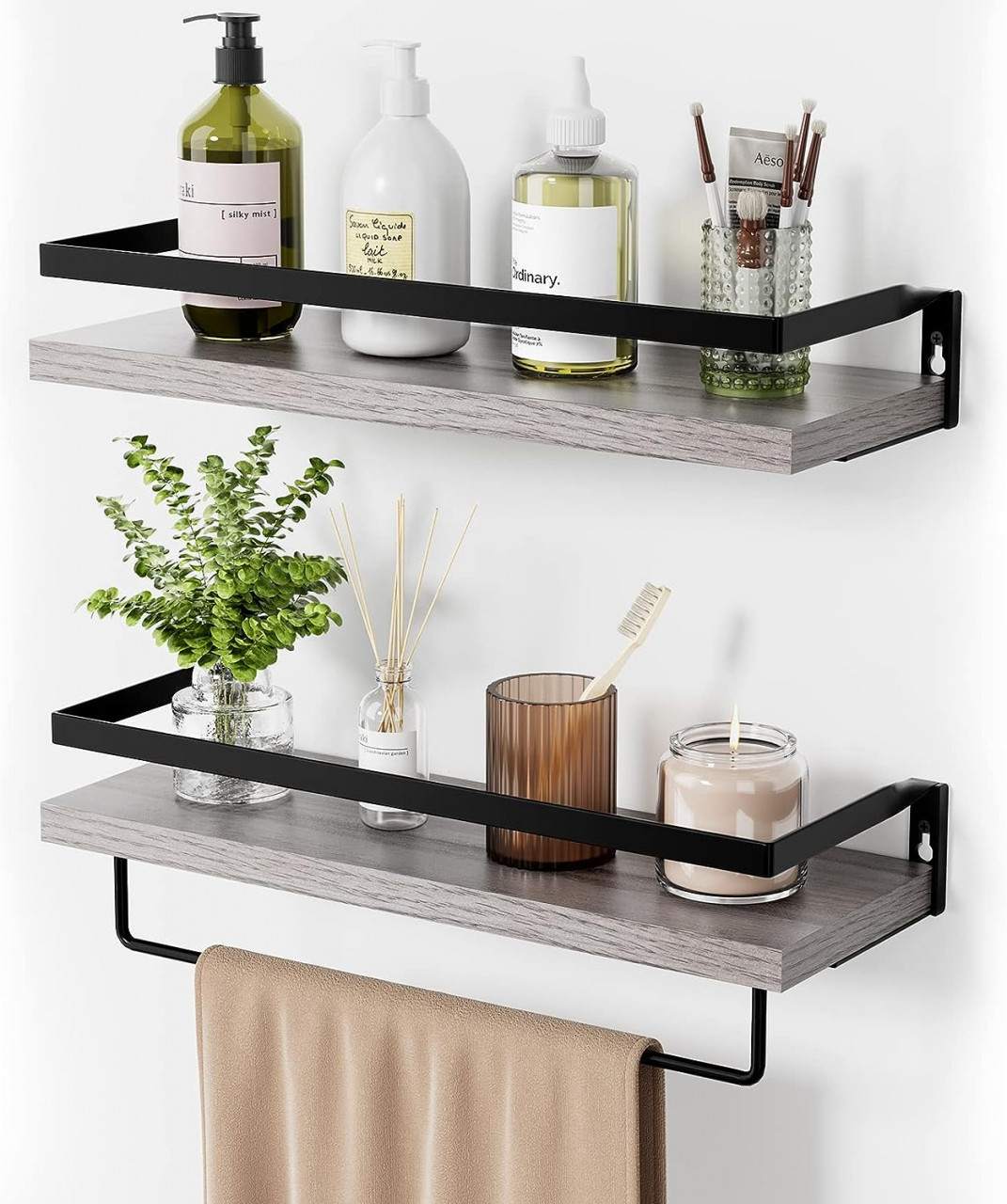 Set de 2 rafturi decorative Pipishell, metal/lemn, negru/gri, 42 x 15 cm - Chilipirul Zilei