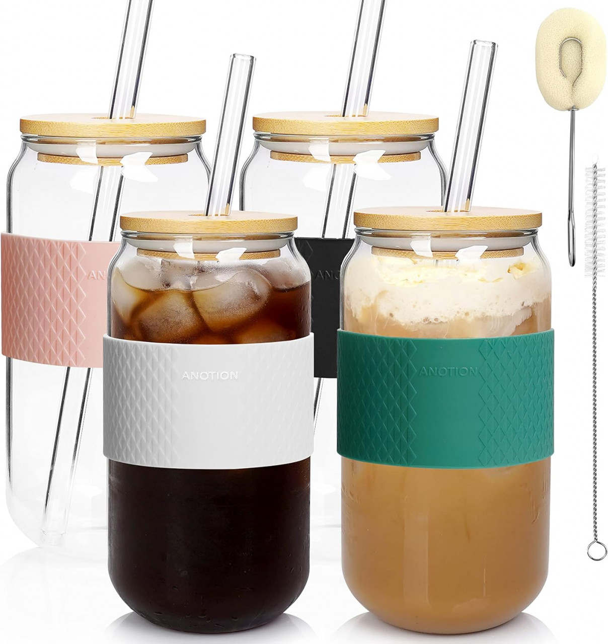 Set de 4 pahare cu capac si paie ANOTION, sticla/lemn/otel inoxidabil ...