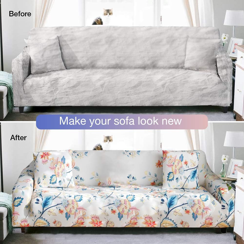 Set husa elastica pentru canapea si o husa perna Bikuer, model floral ...