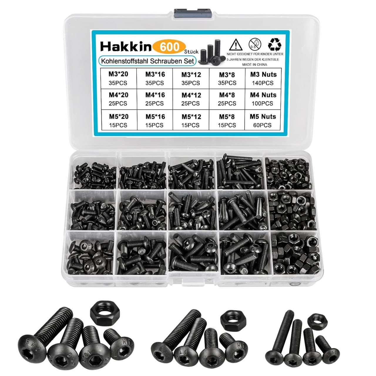 Set de 600 suruburi cu piulite si saibe Hakkin, otel carbon, negru, M3 ...