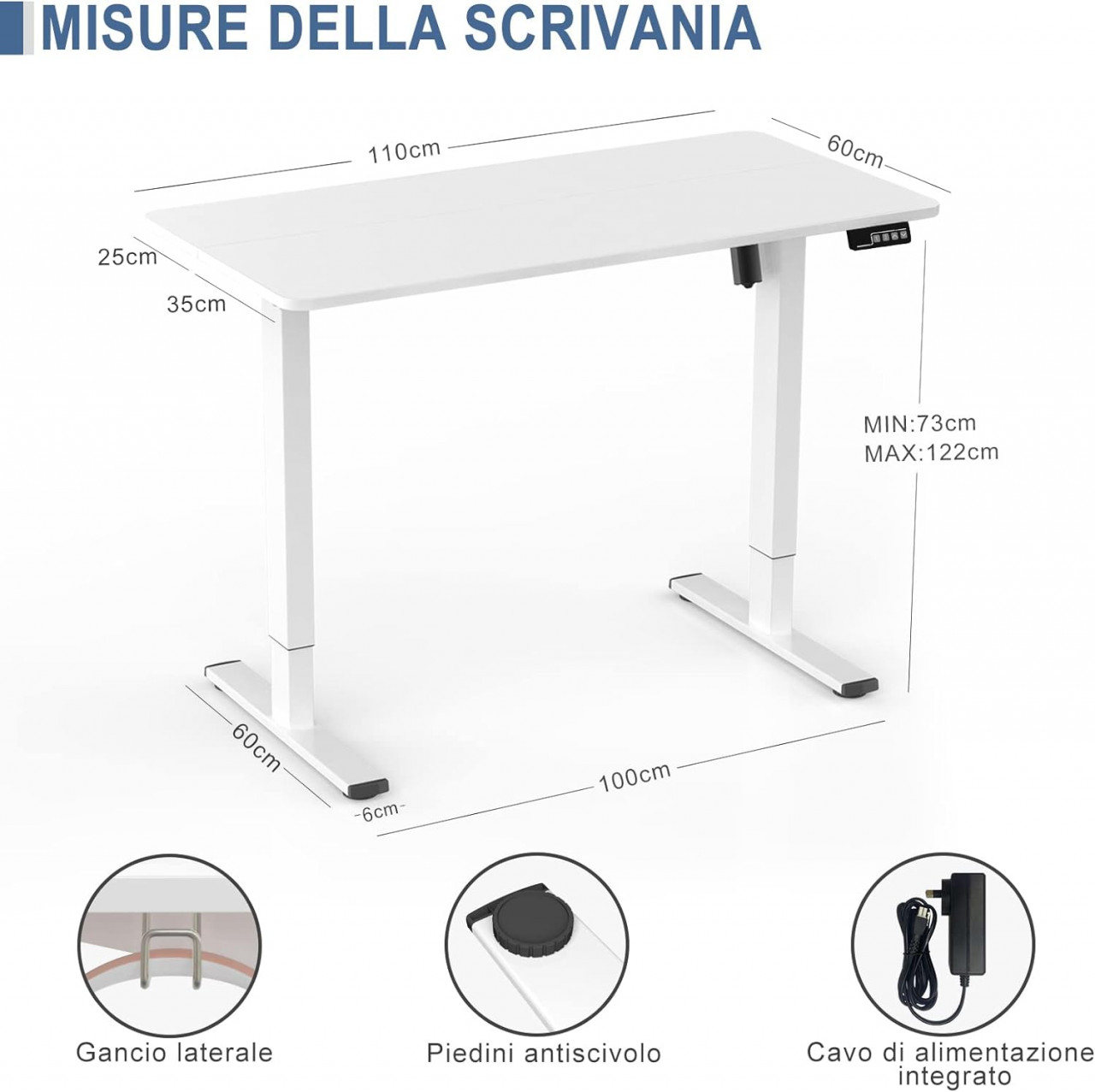 Birou electric reglabil pe inaltime Ergomaker, lemn/metal, alb, 110 x ...