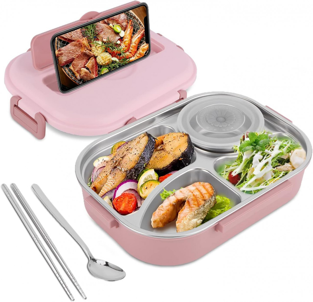 Caserola pentru pranz cu 4 compartimente si tacamuri Pilipane, otel ...