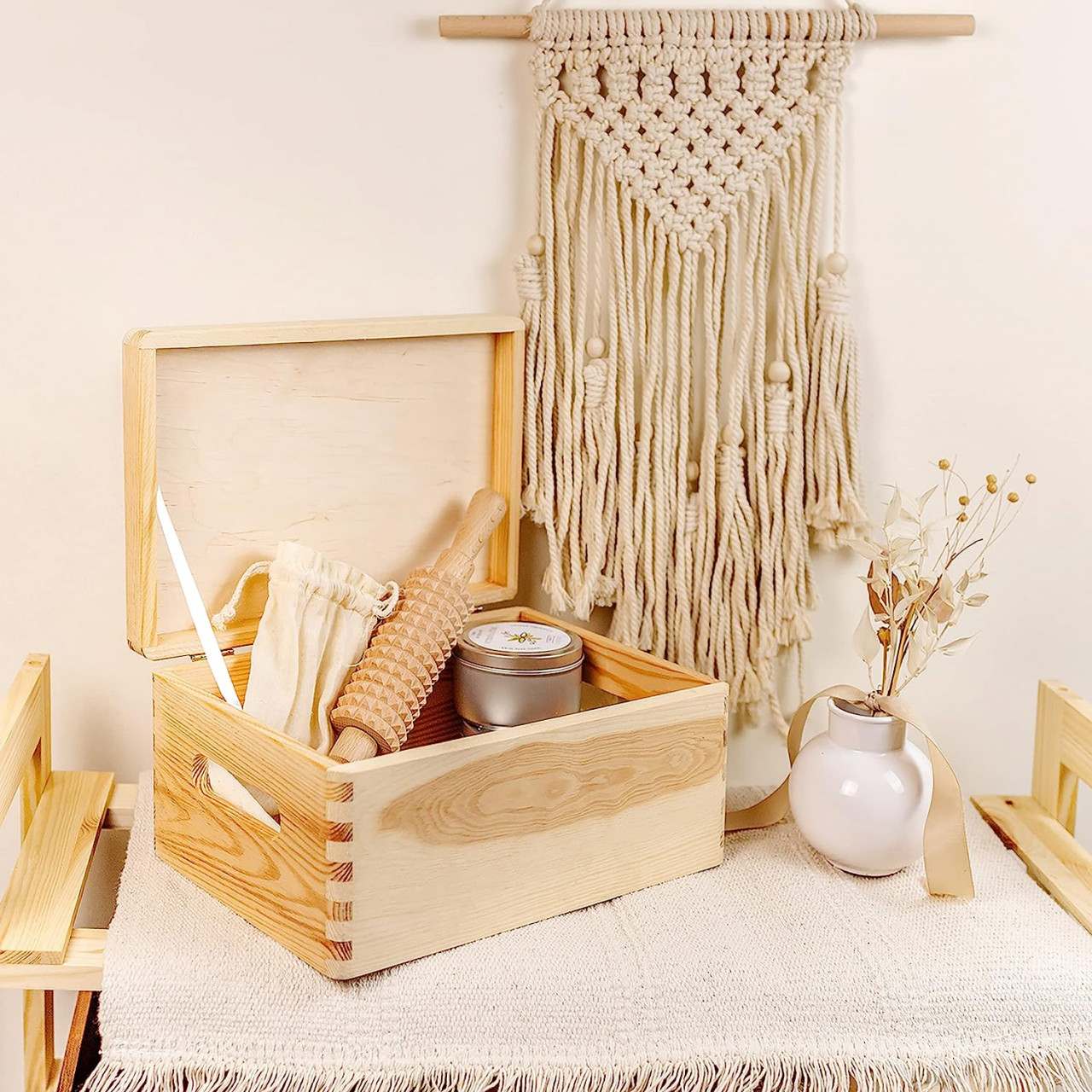 Cutie mare de depozitare cu capac Creative Deco, lemn de pin, natur, 40 ...