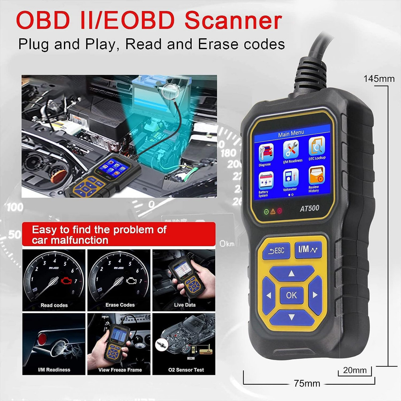 Scaner de diagnosticare pentru motor auto iKiKin, functie completa OBD2 ...
