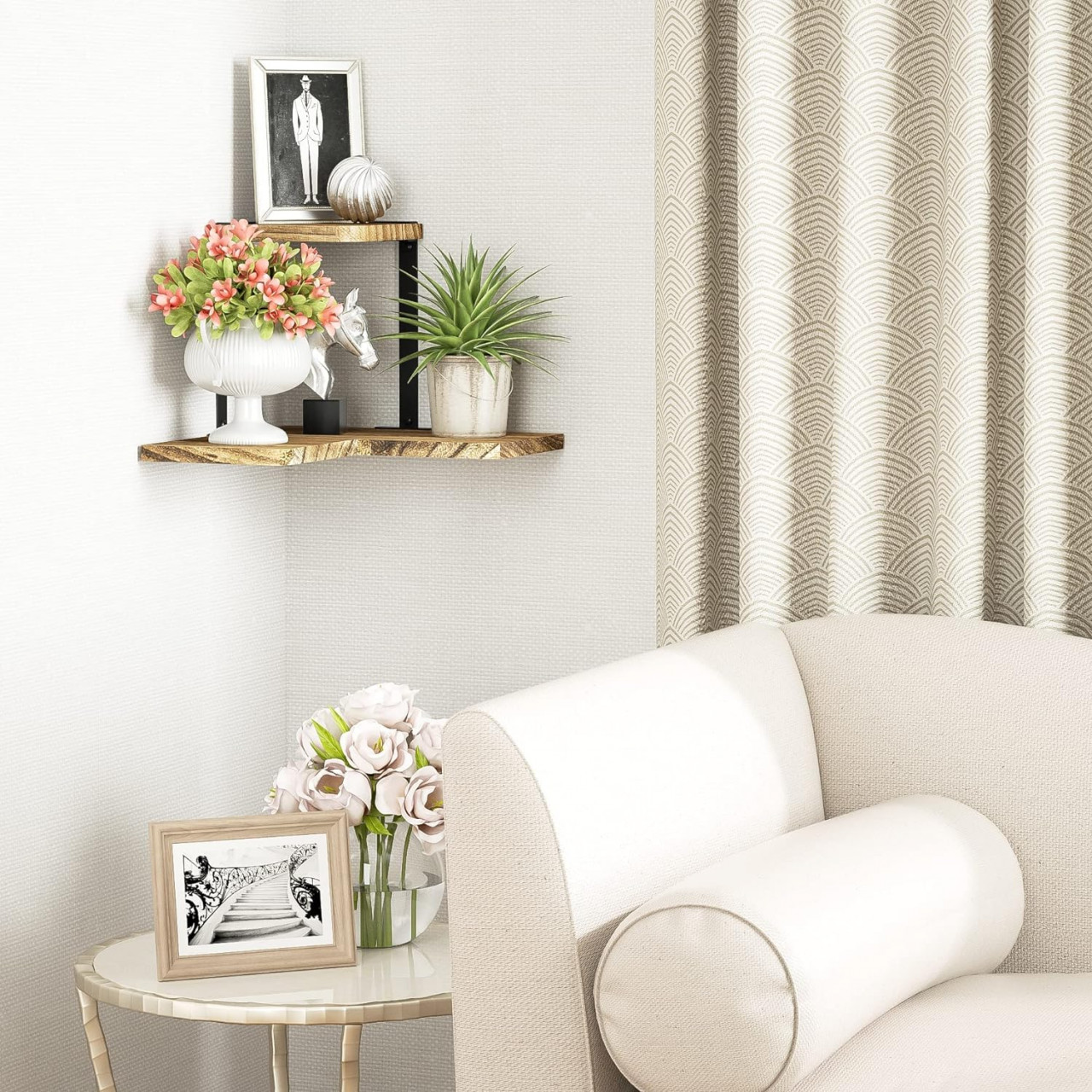 Raft de colt cu 2 nivele SRIWATANA, lemn/metal, maro/negru, 22.5 x 30 x ...