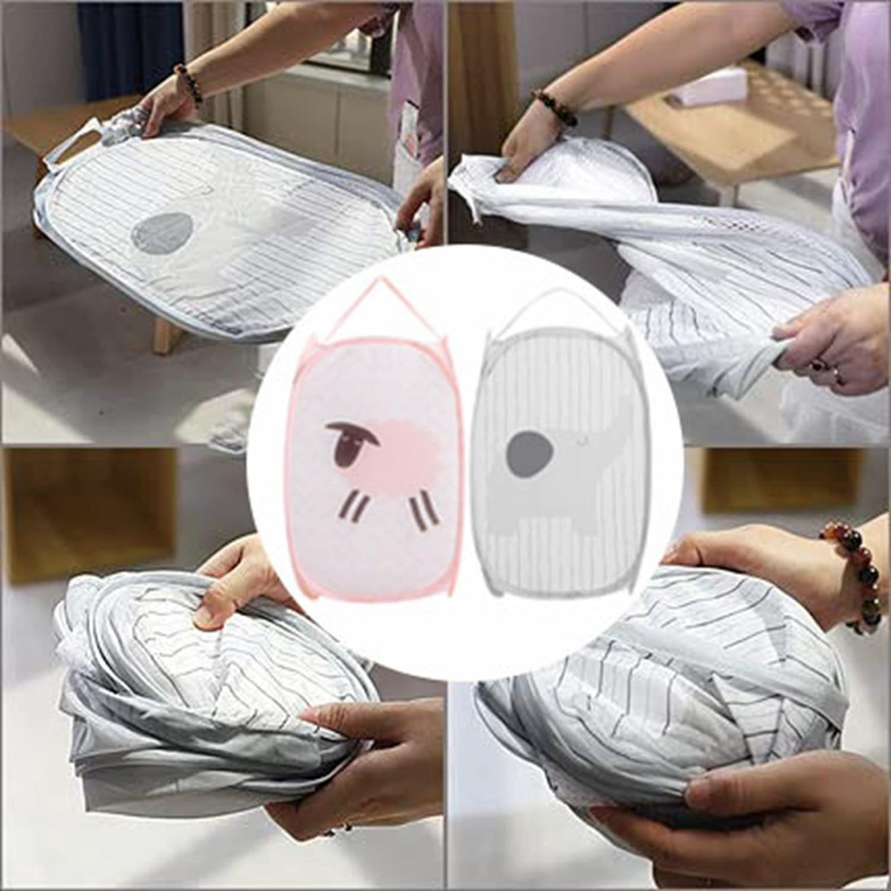 Set 2 cosuri pliabile pentru rufe, poliester, roz/gri, 30 x 30 x 50 cm ...