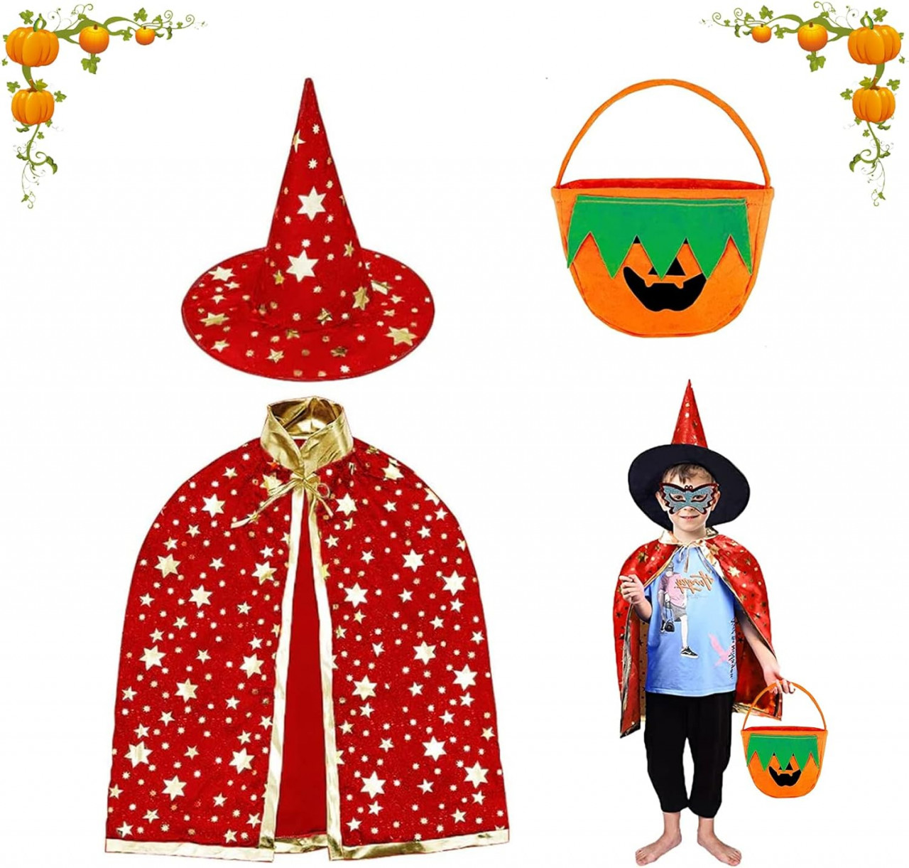 Costum vrajitor JIASHA, pliester, rosu/negru/auriu, 78 cm - Chilipirul ...