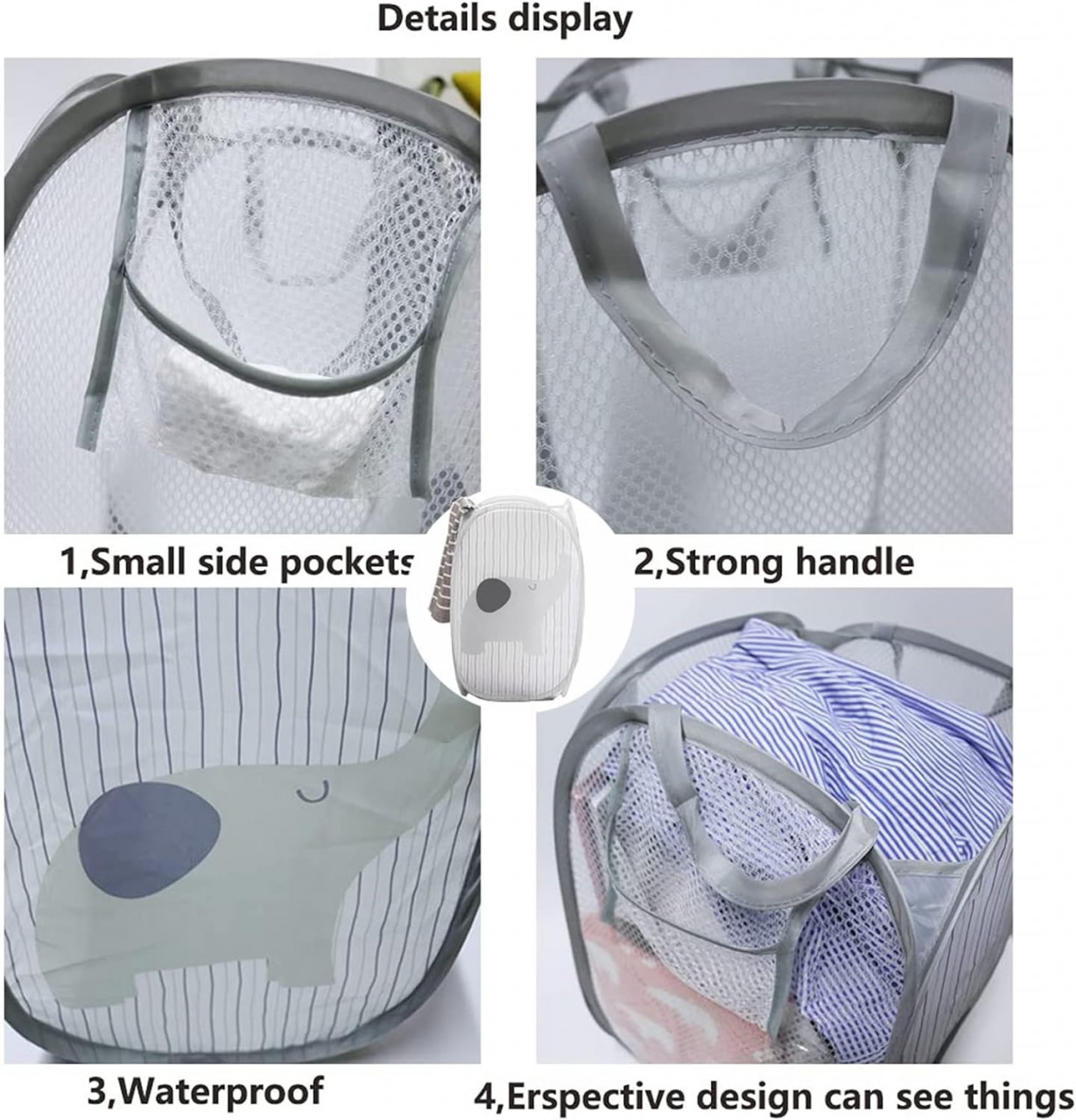 Set 2 cosuri pliabile pentru rufe, poliester, roz/gri, 30 x 30 x 50 cm ...