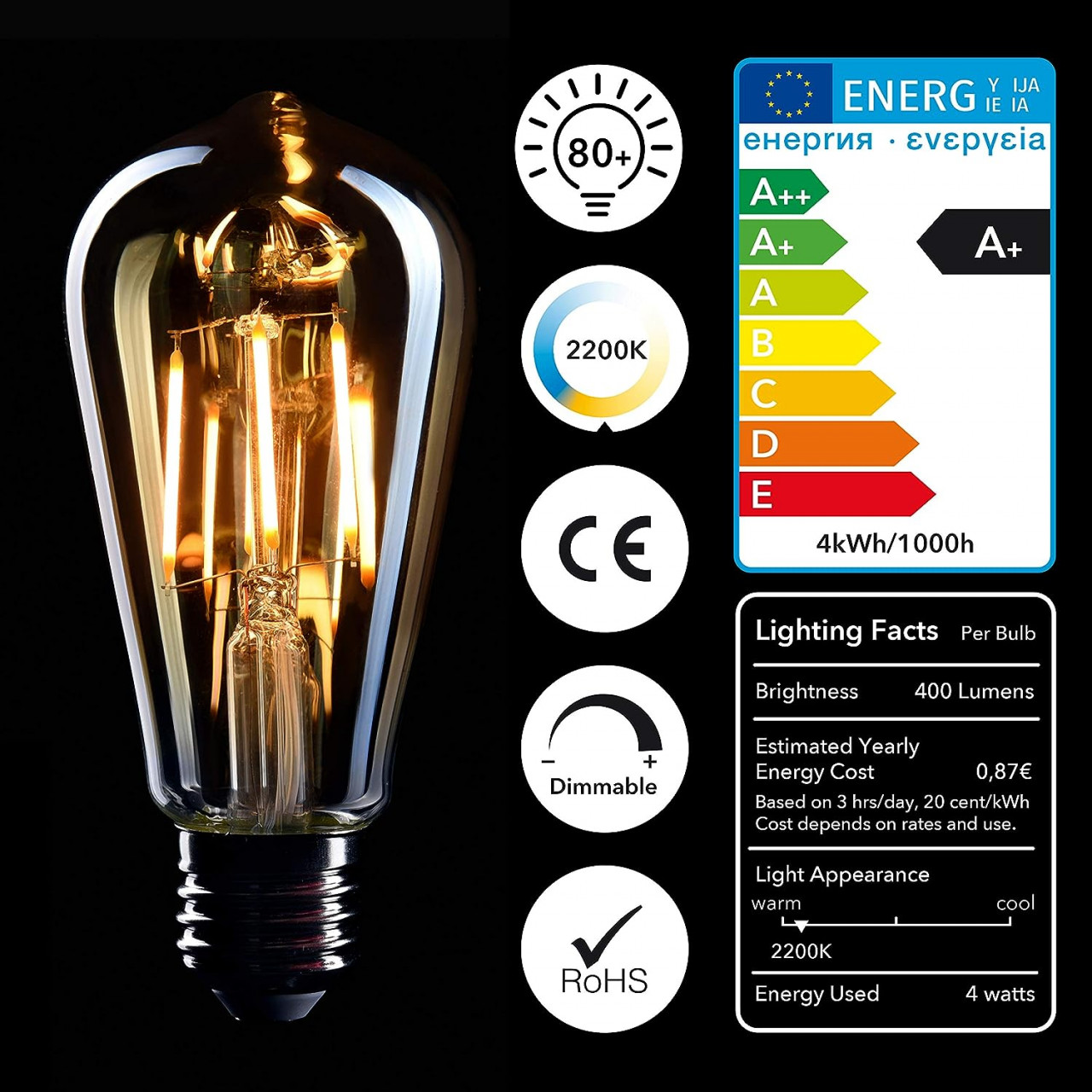 Bec decorativ LED E27 CROWN, sticla, auriu, 4W, 230V, lumina alb cald ...