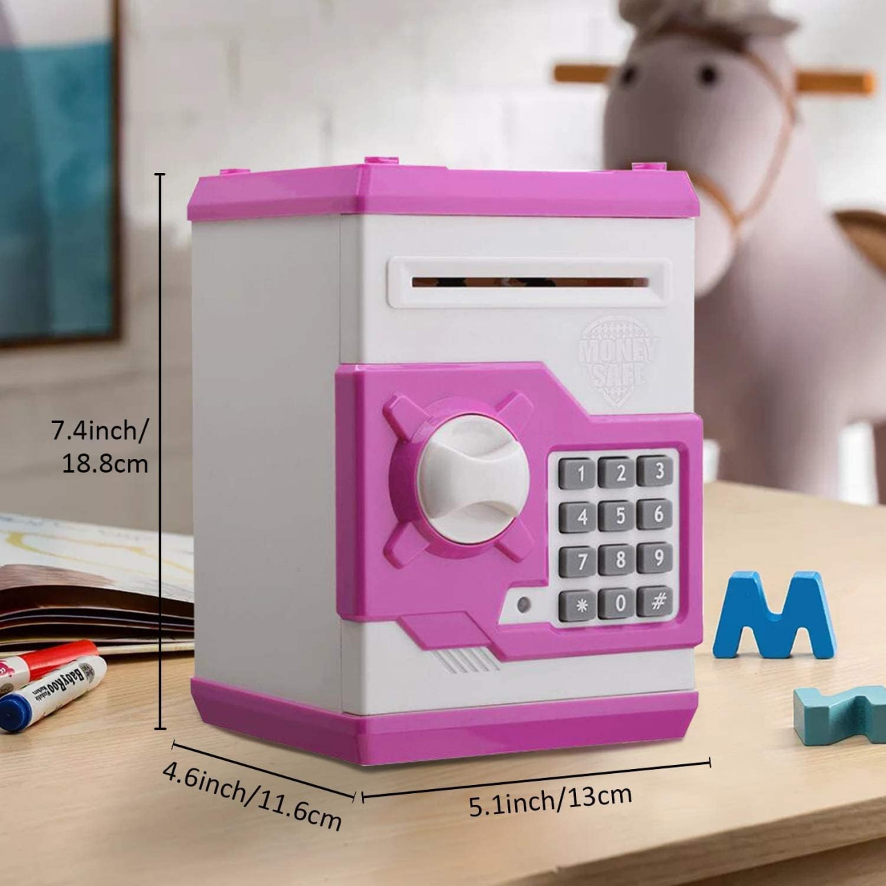 Pusculita electronica pentru copii PowerKing, ABS, alb/mov, 12.9 x 12 x ...