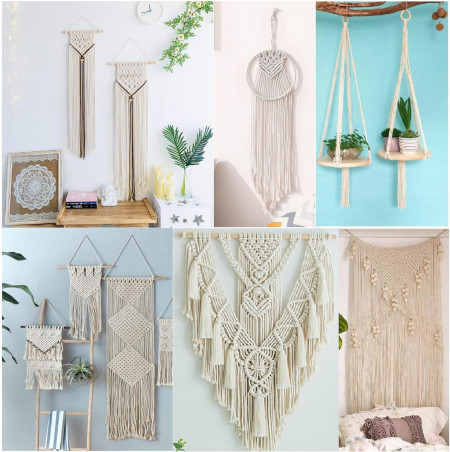 Set de creatie cu macrame Nsxin, bumbac/lemn, alb/natur/maro,122 piese ...