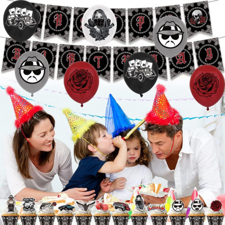 Set aniversar animat Hilloly, latex/hartie, rosu/negru, 30 piese - Chilipirul Zilei