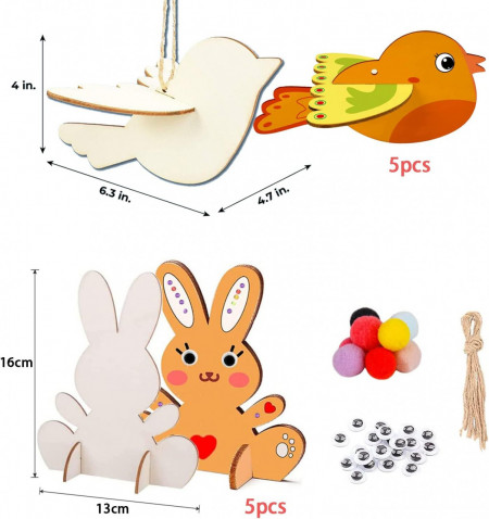 Set de 5 iepuri, 5 pasari si accesorii pentru decorat Yitla, lemn ...