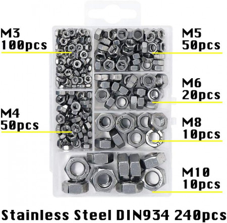 Set de 240 piulite TK Excelent, metal, argintiu, M3, M4, M5, M6, M8 ...