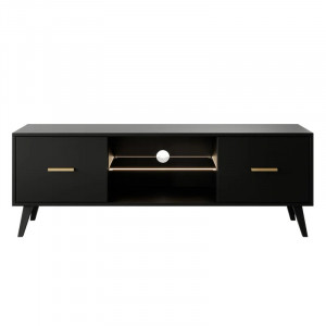 Comoda TV Kamen, LED, lemn fabricat/sticla, negru/auriu, 140 x 36 x 49 ...