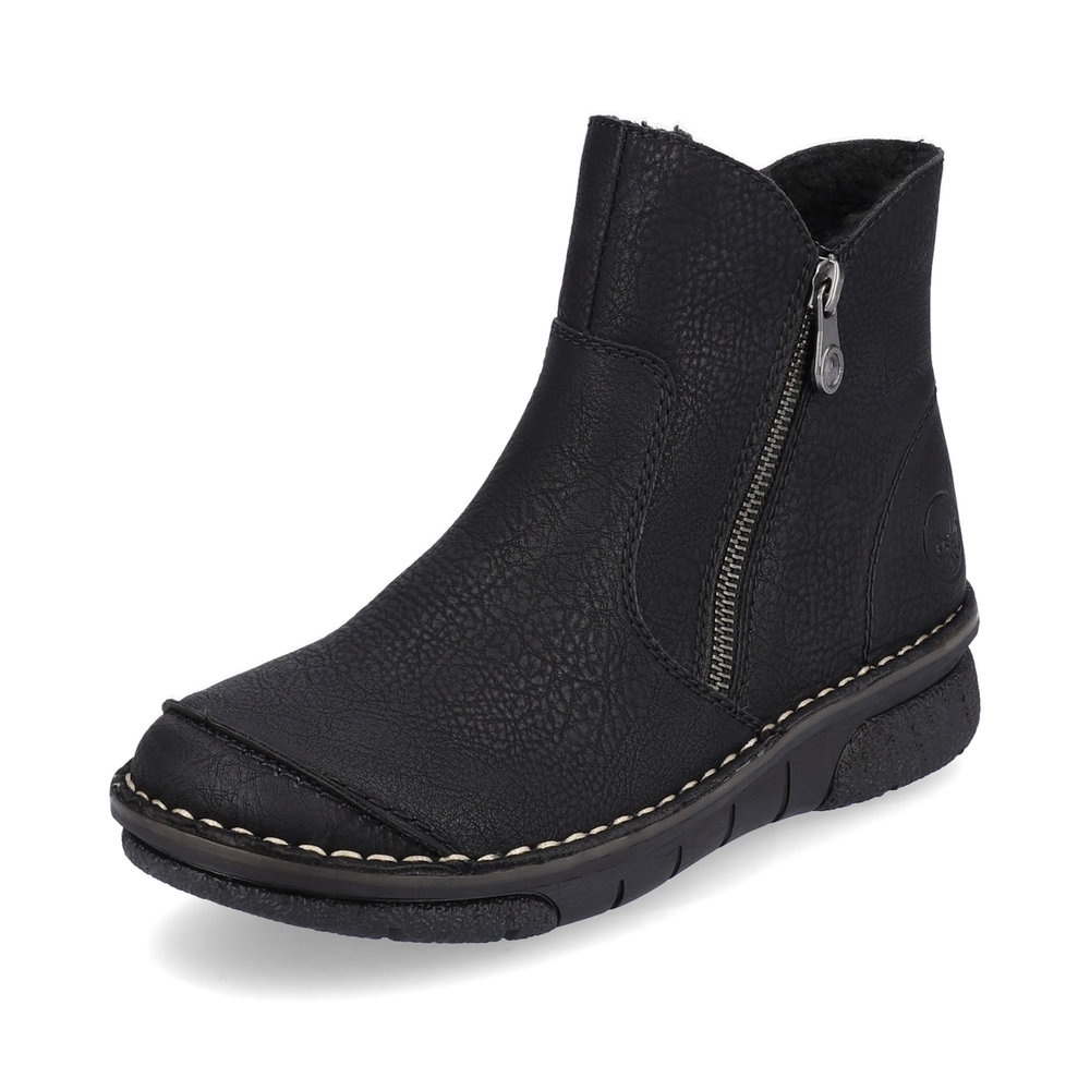 Botine damă Rieker 73357-00 – Negre, căptușite, cu fermoar lateral și ...