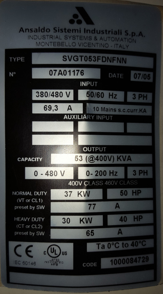Variable Frequency Drive Nidec/Ansaldo GT3000, 37kW