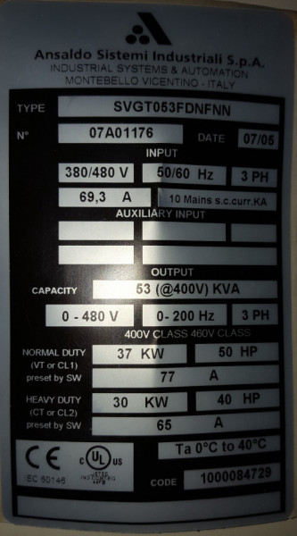 Variable Frequency Drive Nidec/Ansaldo GT3000, 37kW
