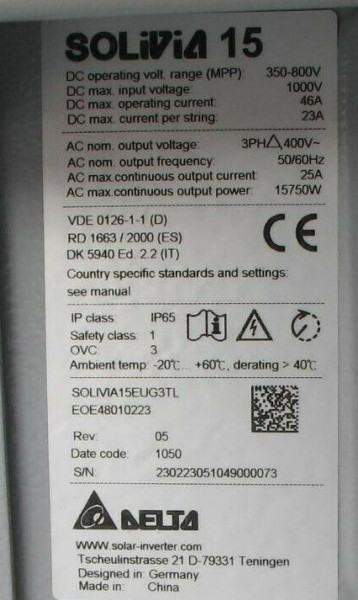 Solar inverter on-grid 15kW Delta Solivia