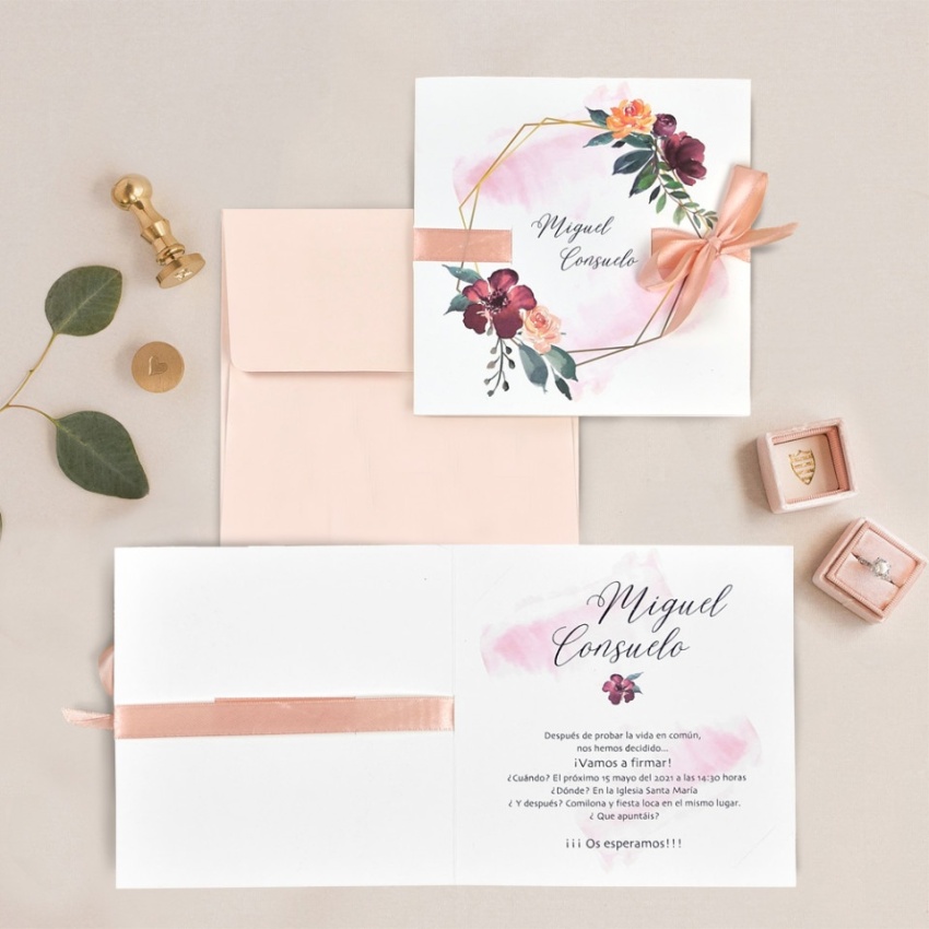 Invitatie de Nunta Florala cu Plic si Panglica, 150x150mm – 39708 ...