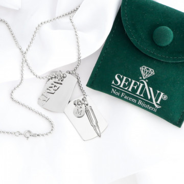 Colier Army din argint cu placute personalizabile, glont si initiala