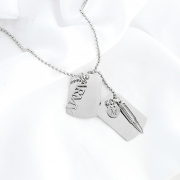 Colier Army din argint cu placute personalizabile, glont si initiala