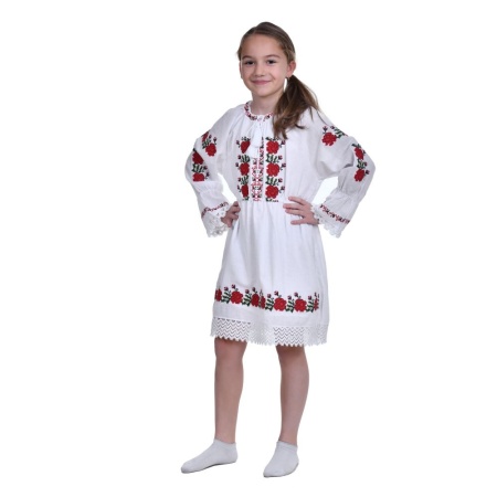 Rochie traditionala fata, alba, broderie florala rosie, 3-10 Ani ...