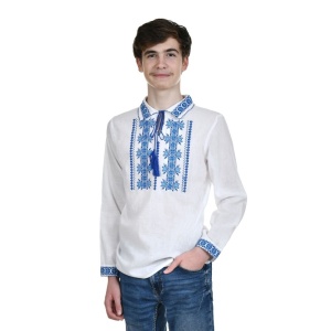 Camasa ie traditionala baiat, alba, broderie albastra, motive populare ...