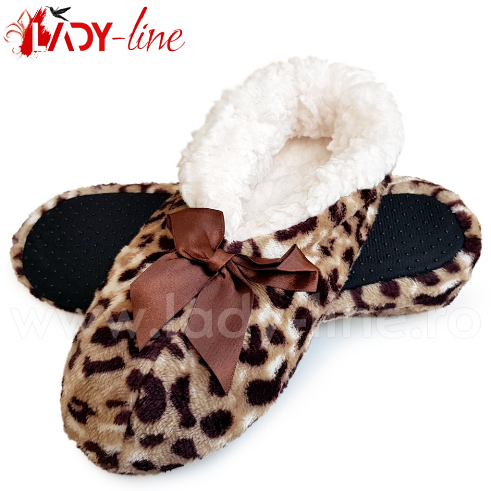 Papuci de Casa Tip Saboti, Animal Print Leopard, Papuci Interior Imblaniti
