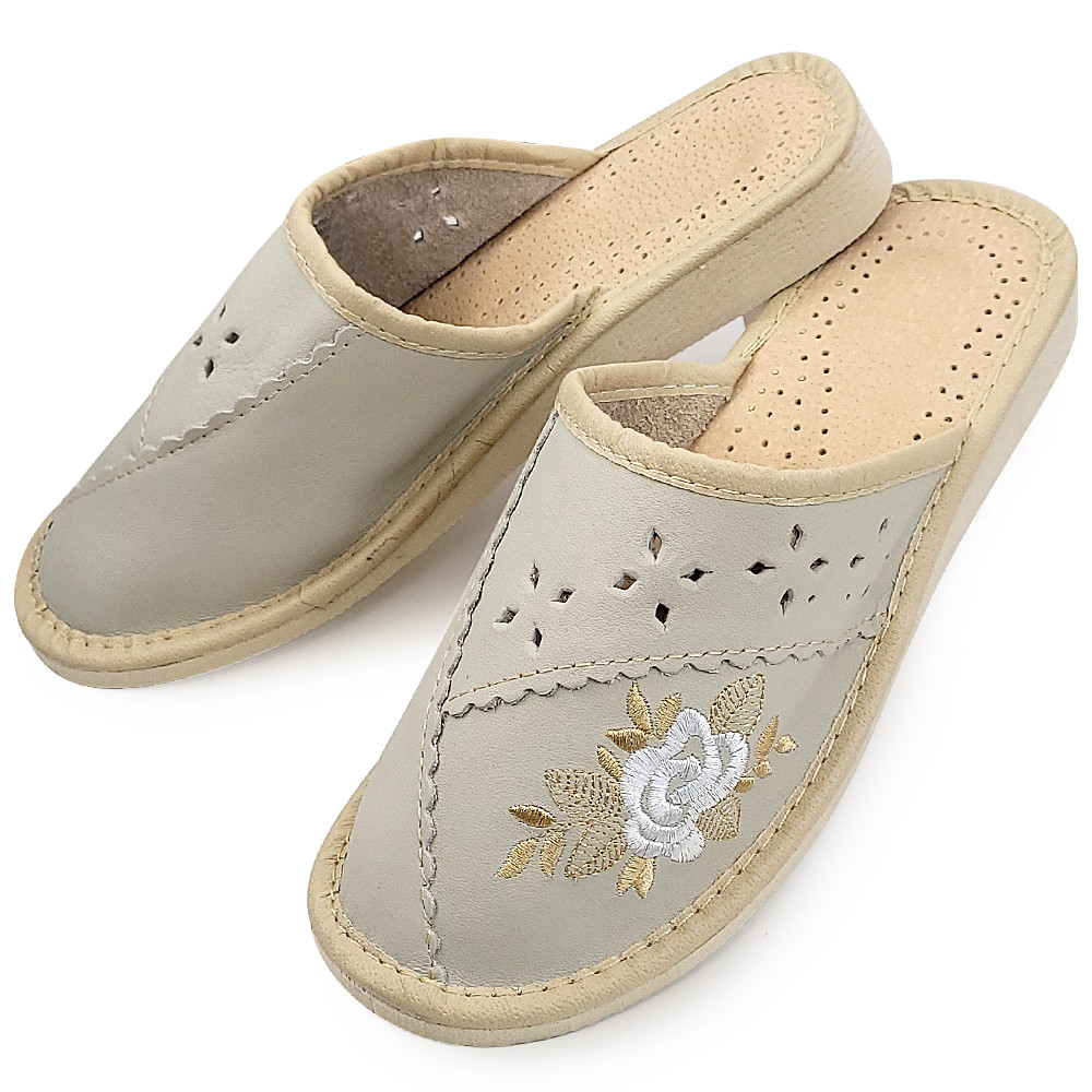 Papuci de Casa Dama Material Piele Culoare Crem, Model 'Tireless Walker'