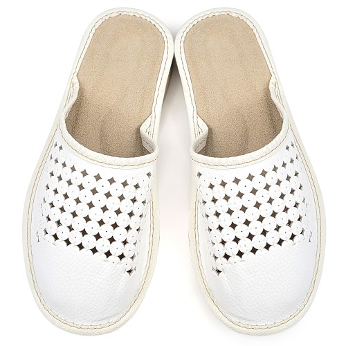 Papuci de Casă Vara din Piele Albă, Model White Circles | Răcoare Stil ...