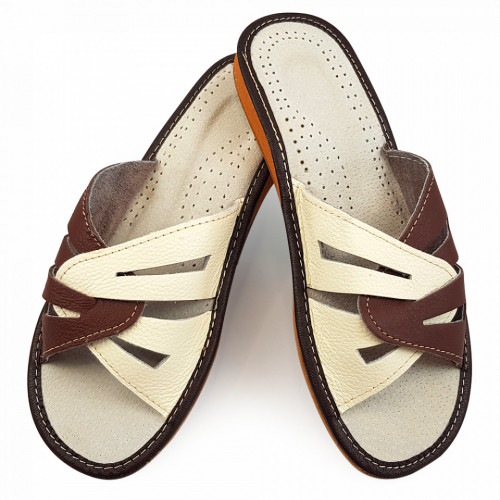 Papuci de Casa Vara din Piele Culoare Crem/Maro Model 'Fulvia'