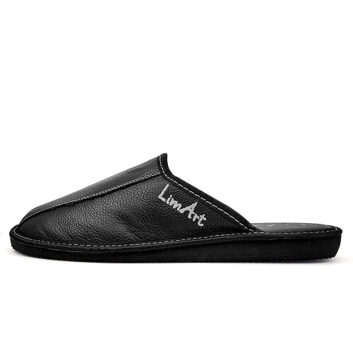 Papuci de Casa din Piele Îmblăniți cu Lână , Model 'Luxury Man' Black