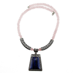 Colier masiv pietre naturale cuart roz cu lapis lazuli