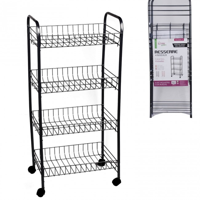 Etajera metalica cu 4 rafturi si roti-negru. Carucioare cu roti de ...