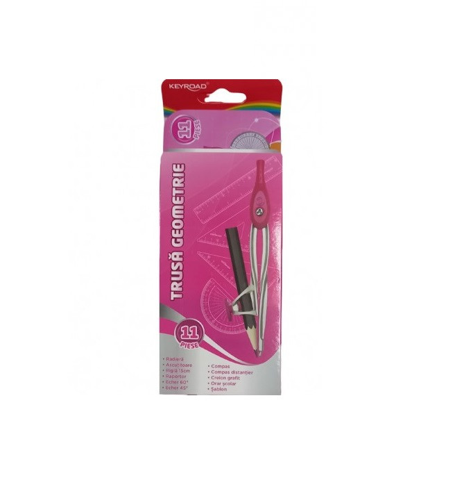 Trusă geometrie metalică Keyroad KR971708, cu 11 piese