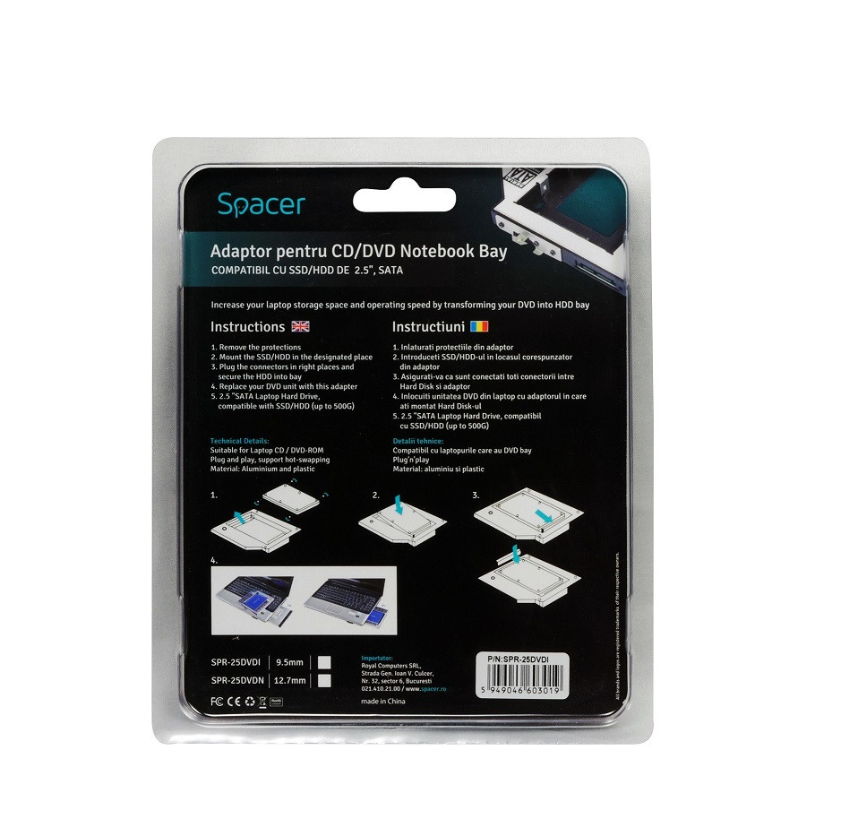 Adaptor HDD Caddy Spacer HDD/SSD, pentru unitati optice 9.5 mm