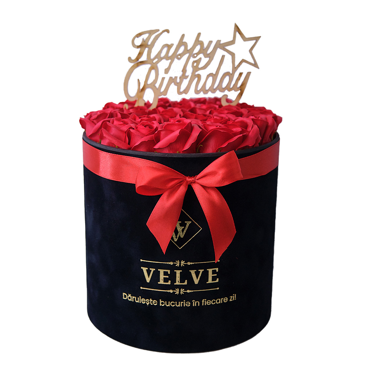 Aranjament floral in cutie rotunda neagra, cu 25 trandafiri rosii din sapun si mesaj "Happy ...