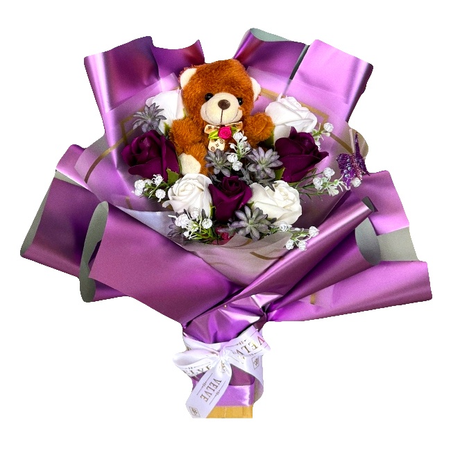 Buchet Love Purple , trandafiri de sapun, plante artizanale si ursulet, Mov